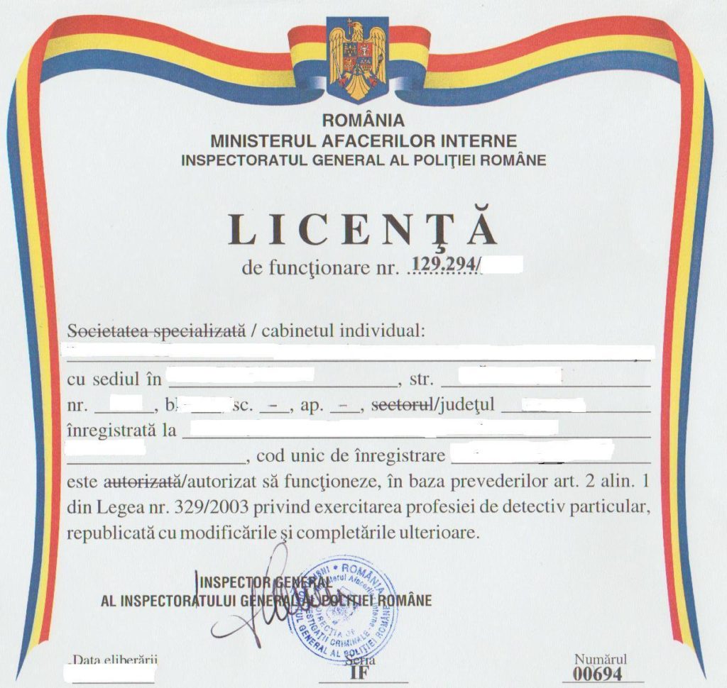 Detectiv Particular Bucuresti | Licente si Acreditari | Fir Investigatii